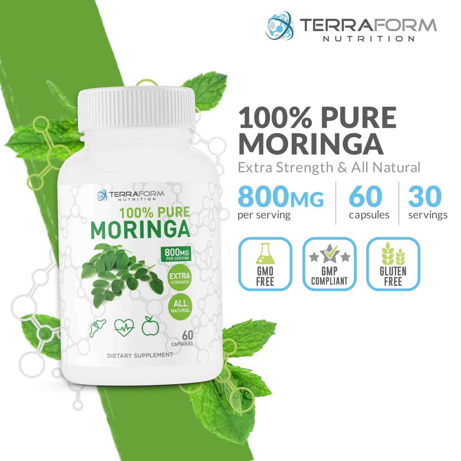 Pure Moringa Oleifera Leaf Powder Capsules - 800mg Per Serving - Green ...